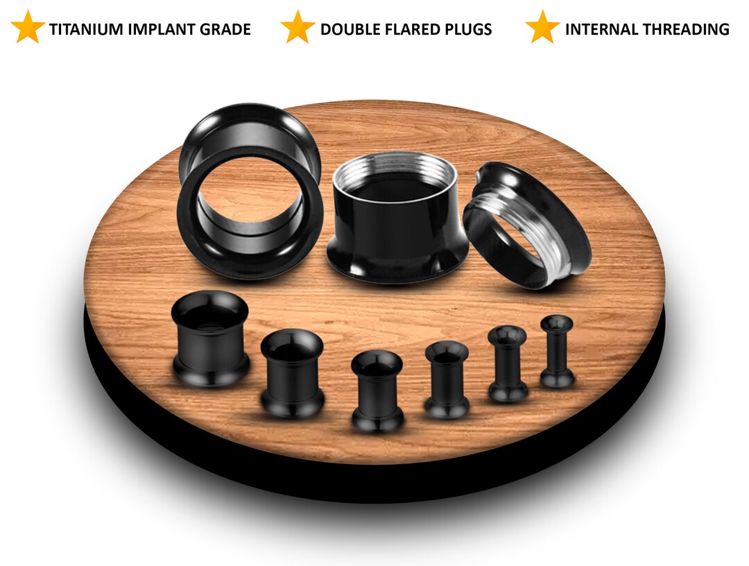 Black Ear Stretching Kit, Titanium Double Flared Plugs, Threaded Tunnel ...