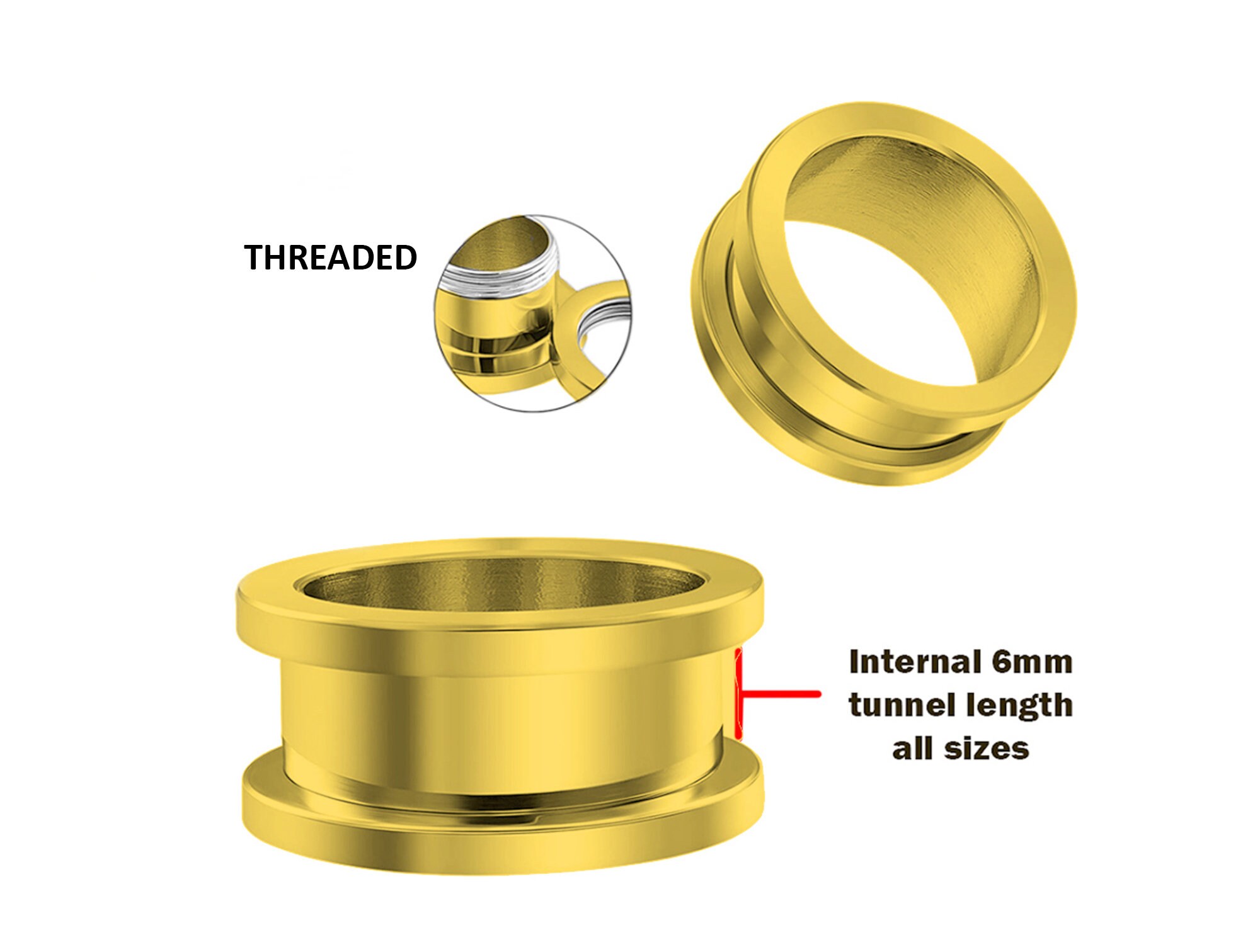 Flesh Tunnel Gold Ear Stretching Kit, Titanium Ear Plugs, Threaded ...