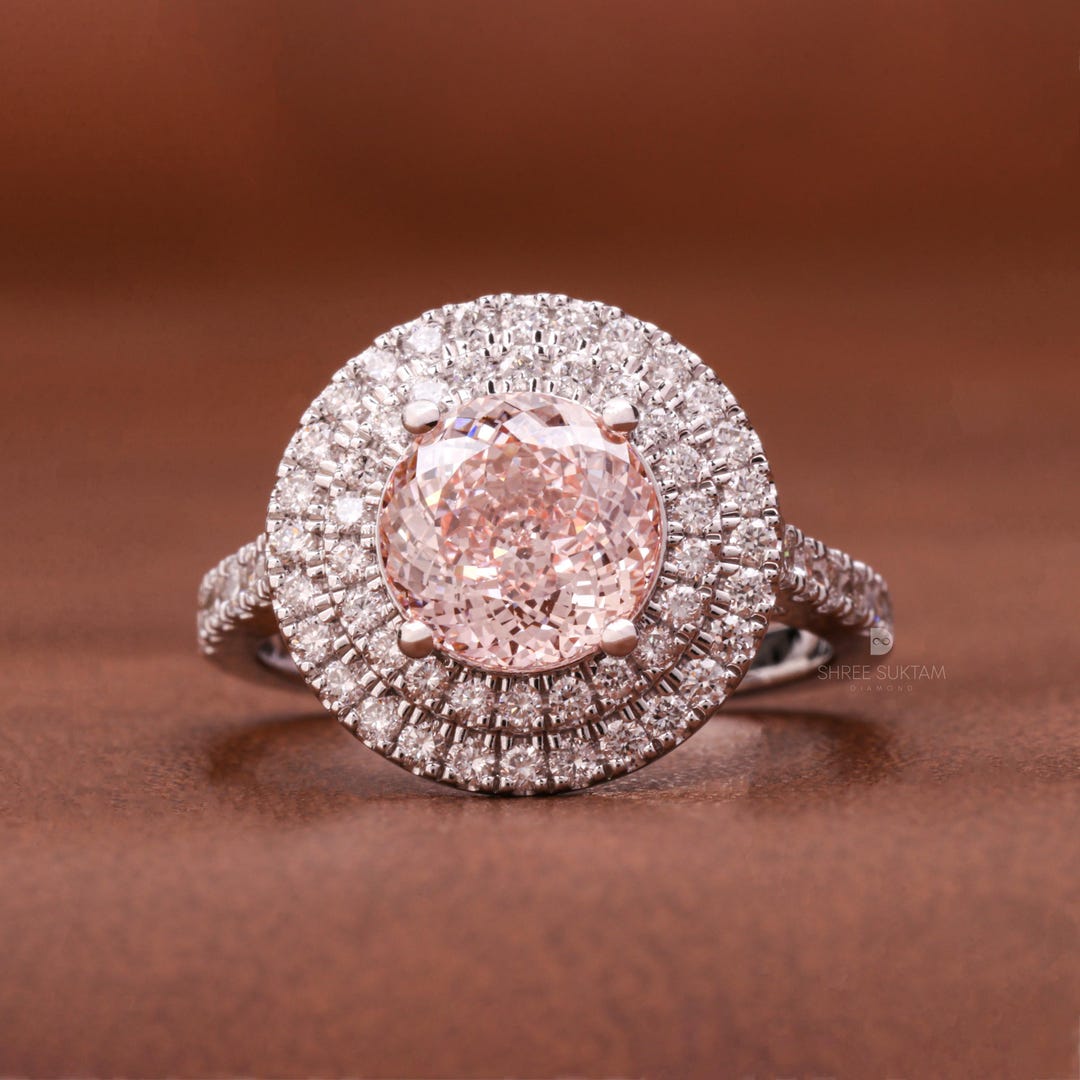 Portuguese Cut Lab Grown Diamond Ring: Fancy Vivid Pink Double Halo - Etsy