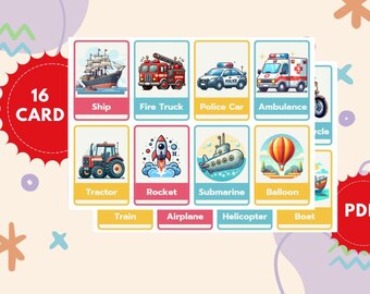 16 Card Alphabet Flashcards of Transport Vehicles, Flash Cards Toddlers ...