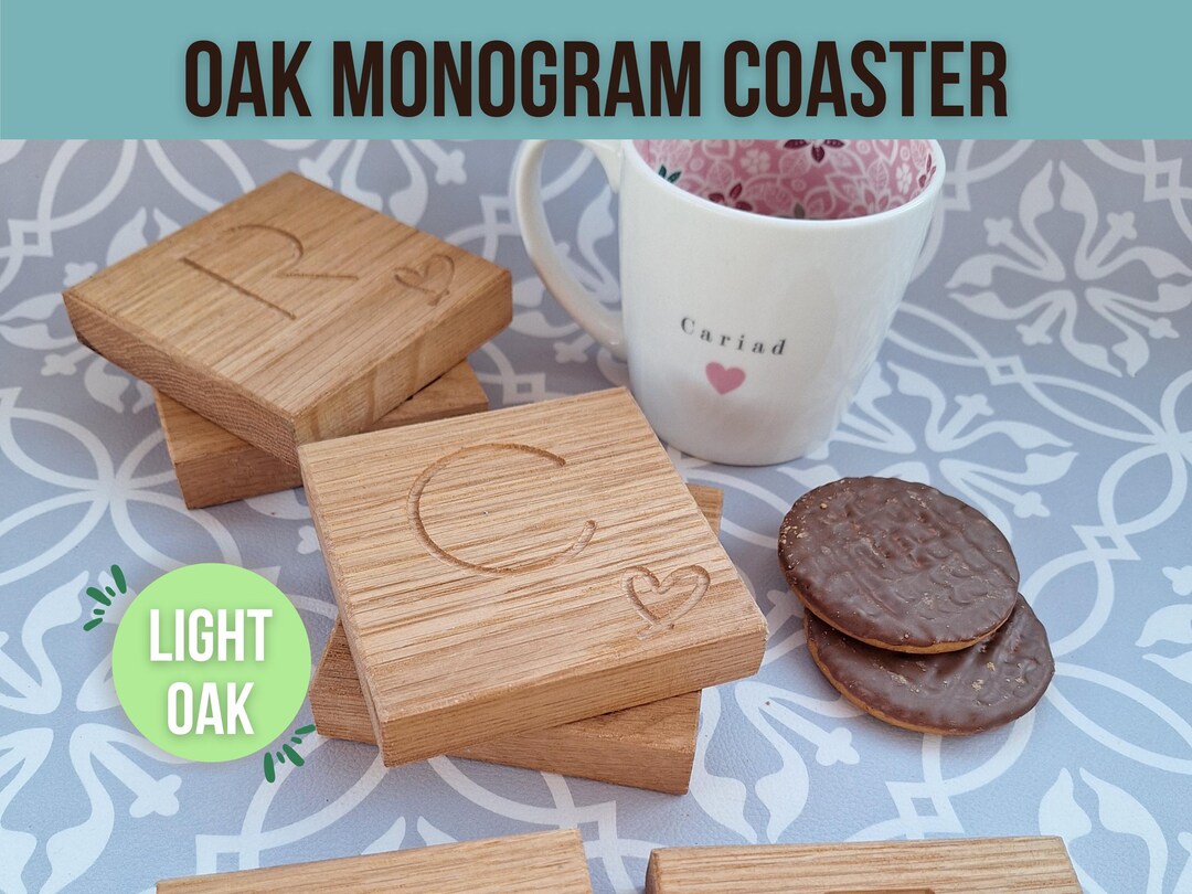 Wooden Monogram Coaster With Heart Motif, Initials Wood Coaster, Oak ...