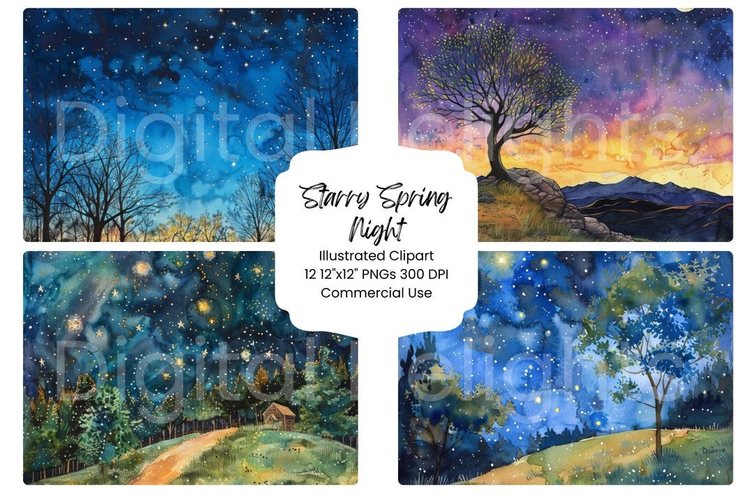 Spring Starry Night Clipart Watercolor Digital Paper Blue Prinatable ...