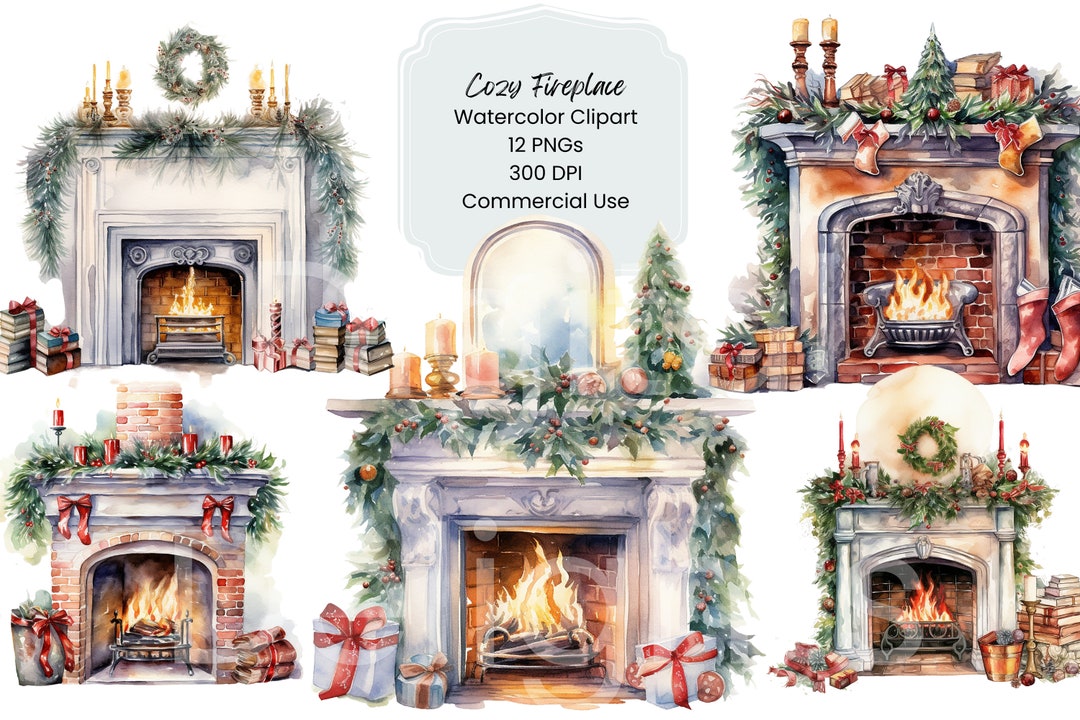 Cozy Fireplace Watercolor Clipart Digital Paper Bundle 12 PNG Holiday ...
