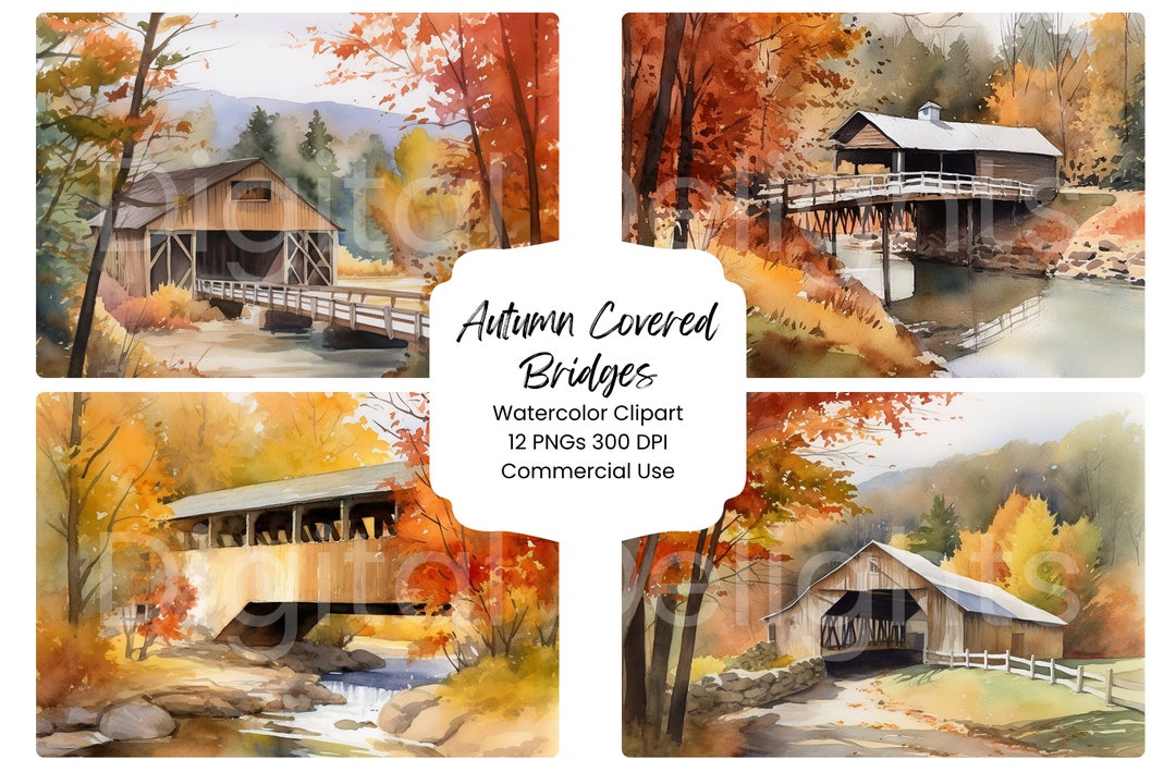 Autumn Covered Bridge Digital Paper Bundle 12 PNG JPG Files Clipart ...