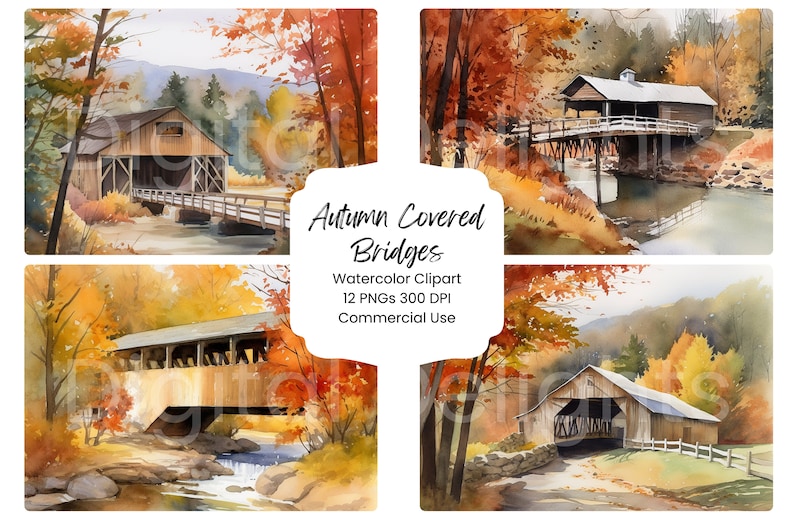 Autumn Covered Bridge Watercolor Clipart: Fall Scenery (digital ...