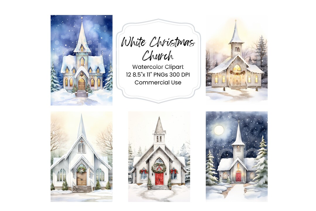 White Christmas Church Clipart Watercolor Digital Paper Bundle 12 PNG ...