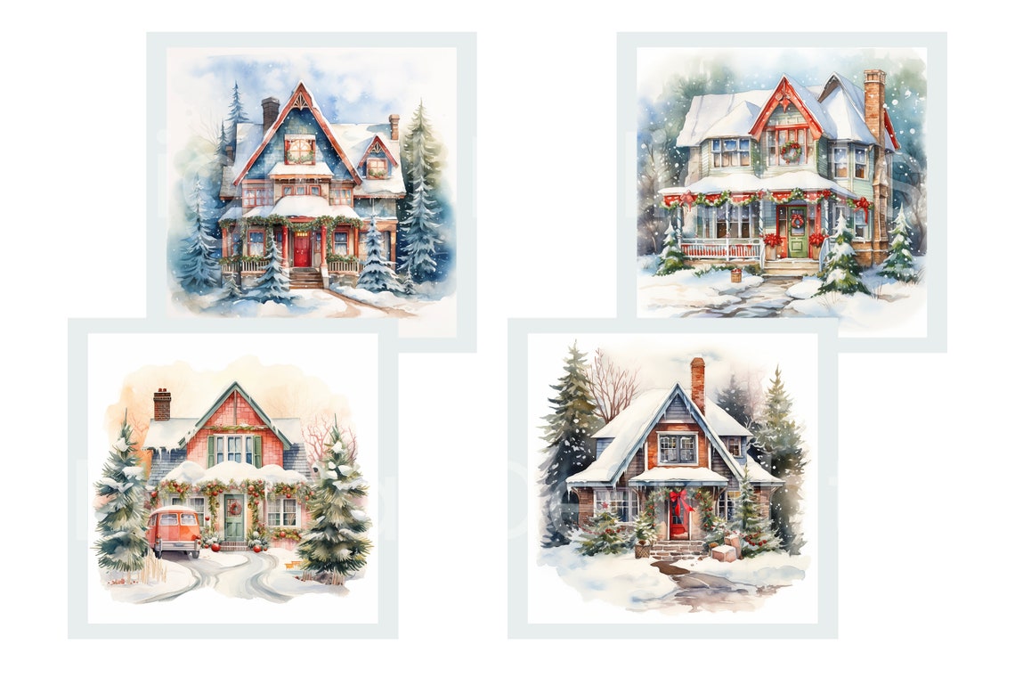 Christmas House Clipart Watercolor Digital Paper Bundle 12 PNG - Etsy