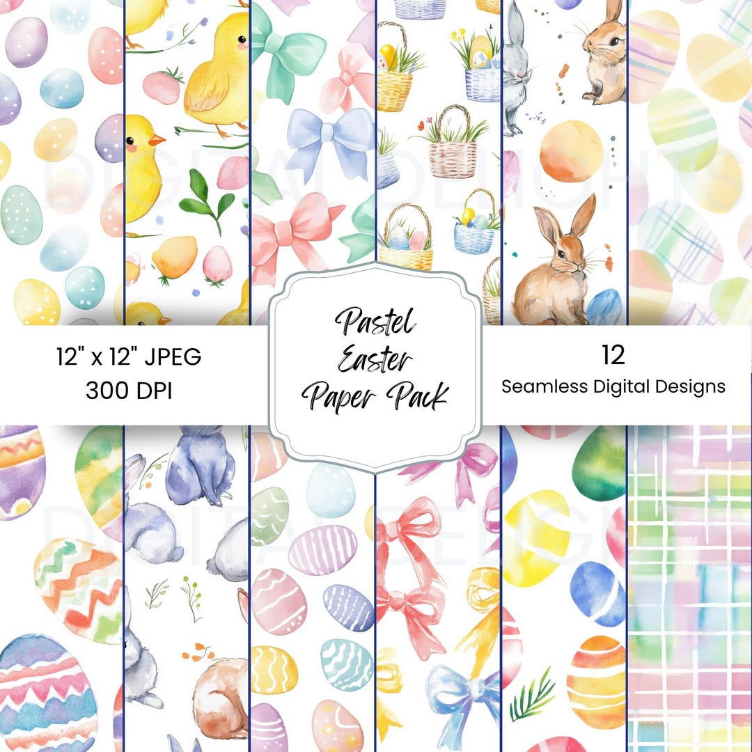 Pastel Easter Digital Papers - Seamless Spring Patterns - Bunnies, Eggs ...