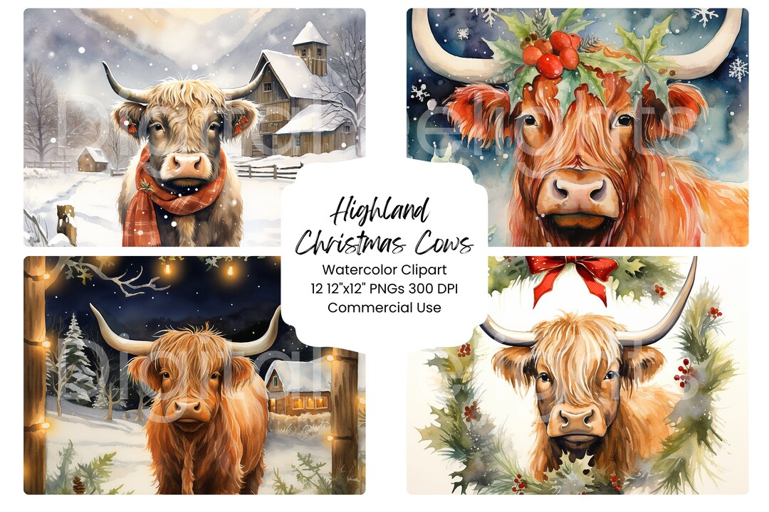 Highland Cow Christmas Clipart: Watercolor PNG Bundle (digital Download ...