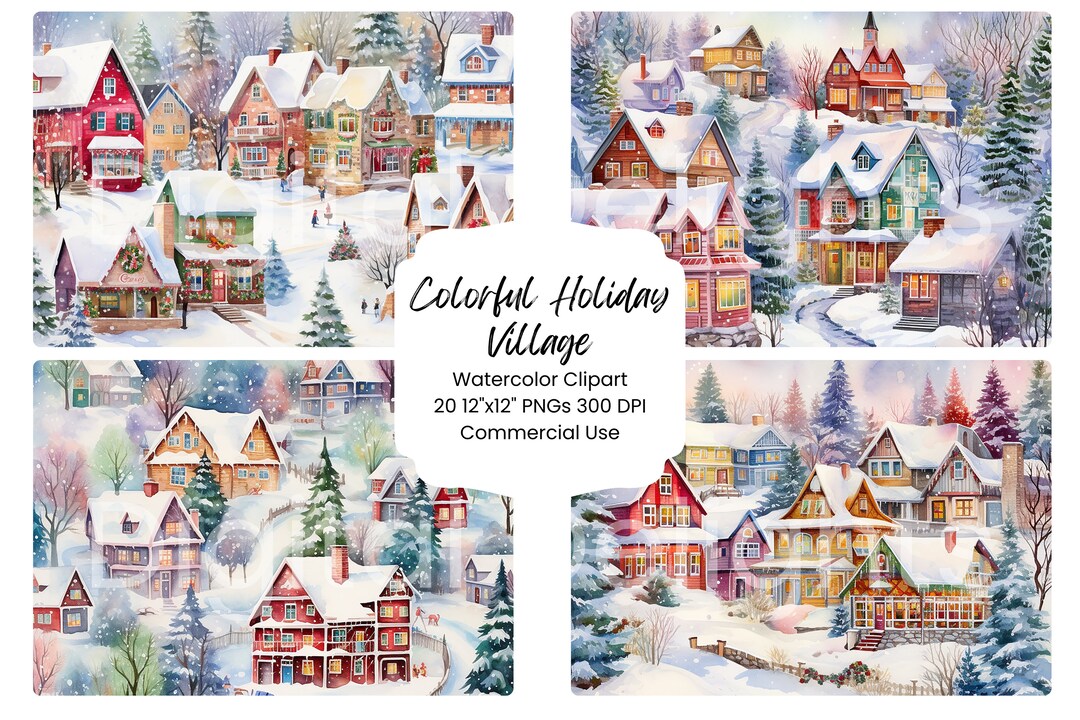 Colorful Snowy Winter Village Watercolor Digital Paper Bundle 20 PNG ...