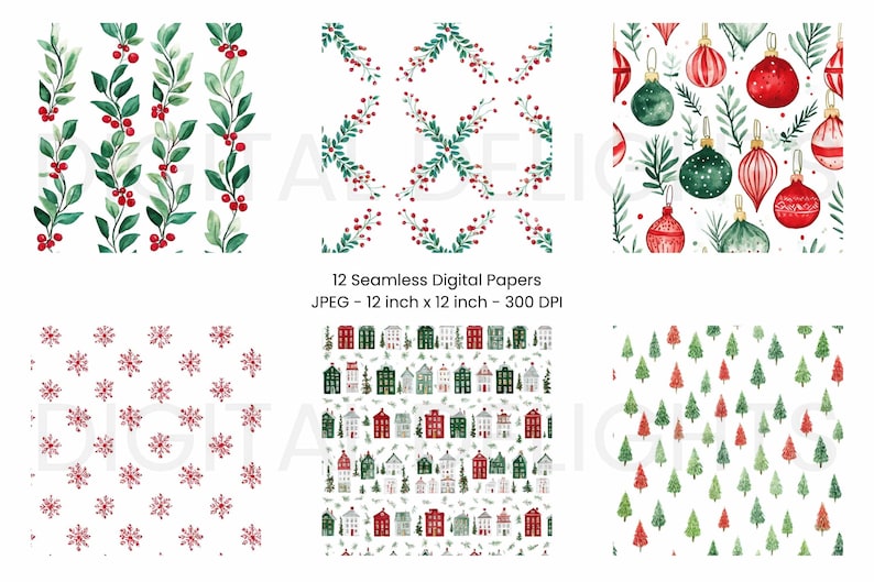 Watercolor Christmas Digital Paper: Festive Seamless Patterns (digital ...