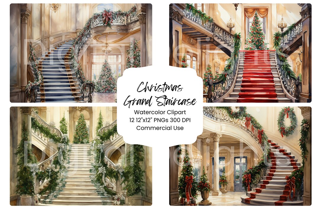 Christmas Grand Staircase Clipart Watercolor Digital Paper Bundle 12 ...