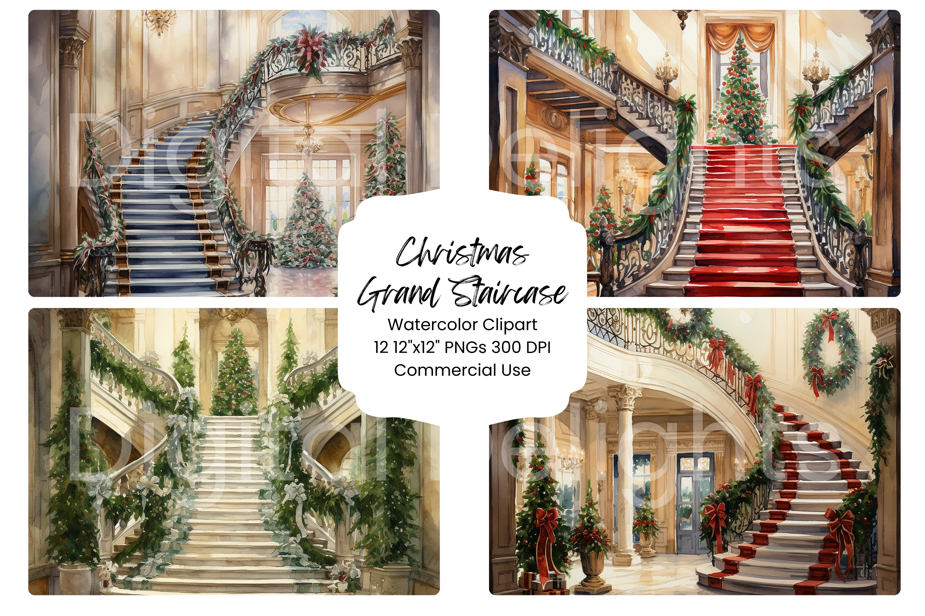 Christmas Grand Staircase Clipart Watercolor Digital Paper - Etsy