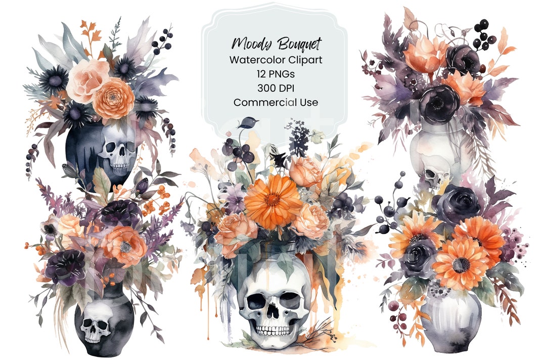 Halloween Bouquet Clipart: Watercolor Goth Flowers, Spooky Digital ...