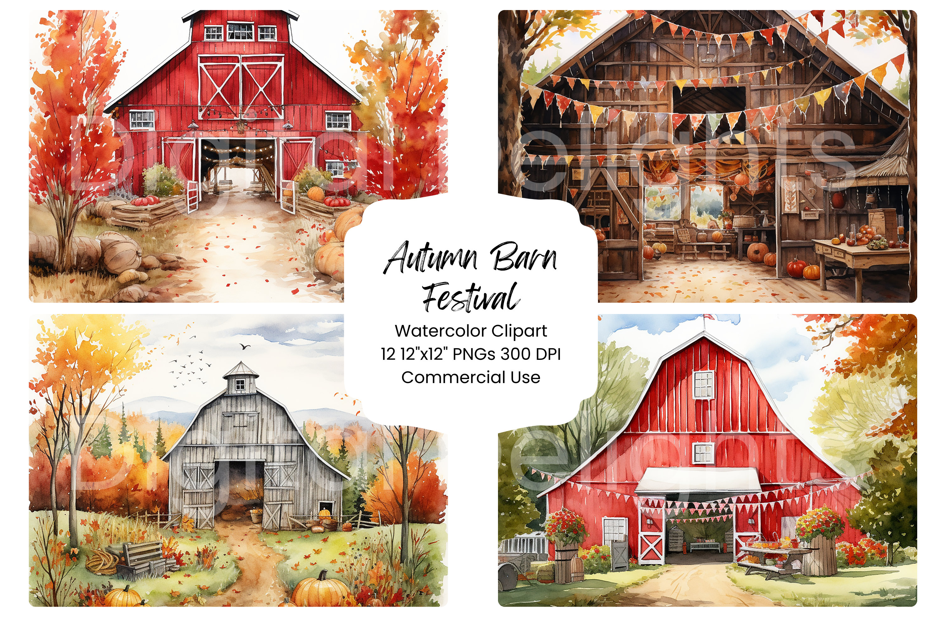 Autumn Barn Festival Clipart Watercolor Digital Paper Bundle - Etsy