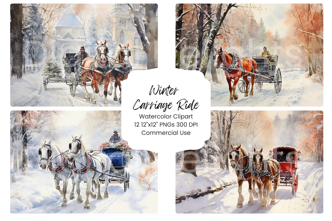 Winter Carriage Ride Clipart: Watercolor Holiday PNG Bundle - Etsy