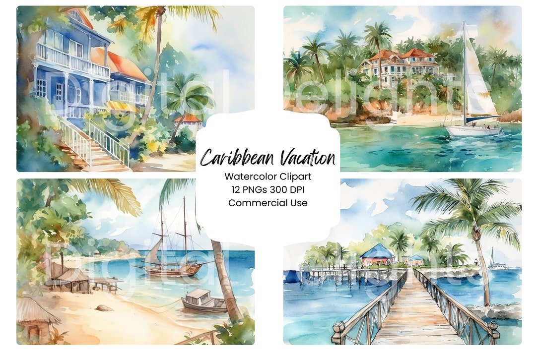 Tropical Beach Watercolor Digital Paper Bundle 12 PNG Files Watercolor ...