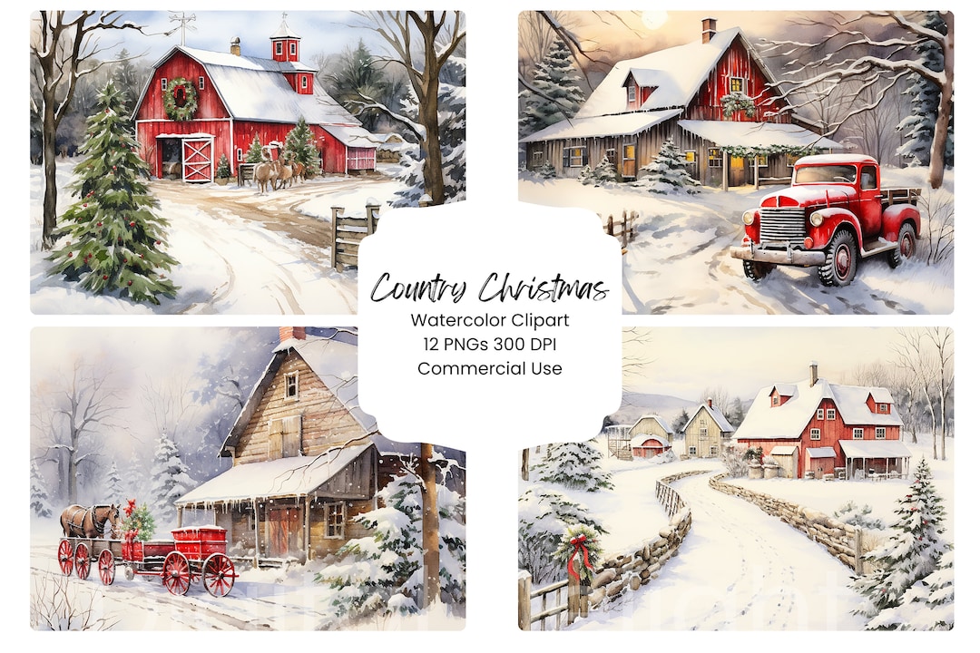 Country Christmas Country Clipart Watercolor Digital Paper Bundle 12 ...