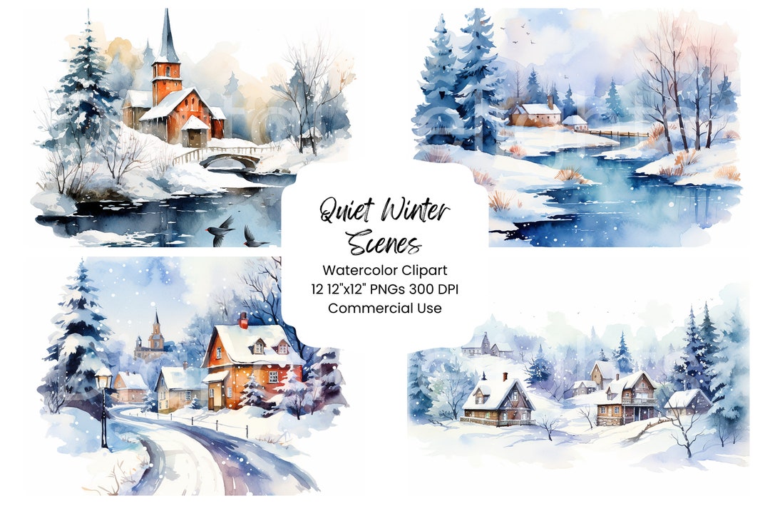 Quiet Winter Landscape Clipart Watercolor Digital Paper Landscape PNG ...