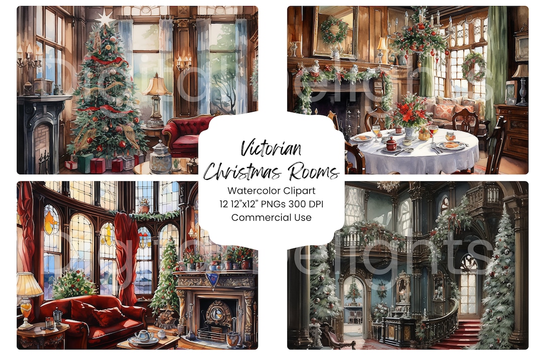 Victorian Christmas Rooms Clipart: Watercolor Holiday PNG Bundle ...