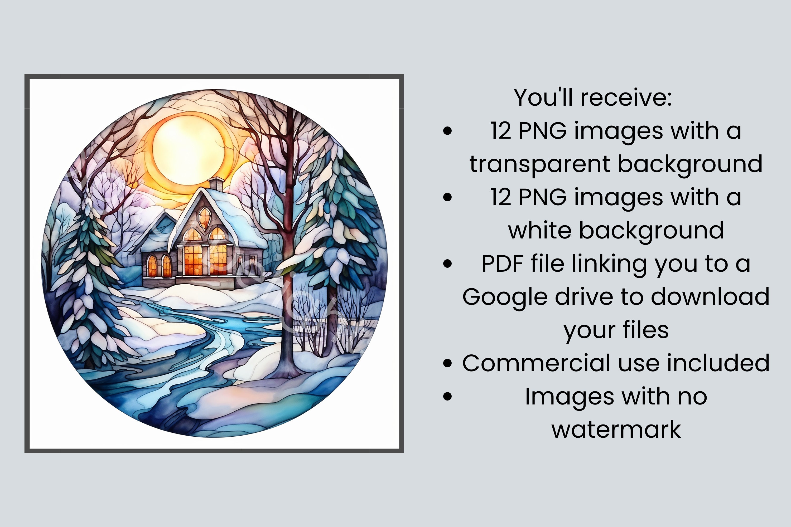 Winter Scene Stained Glass Clipart Watercolor Digital 12 PNG - Etsy