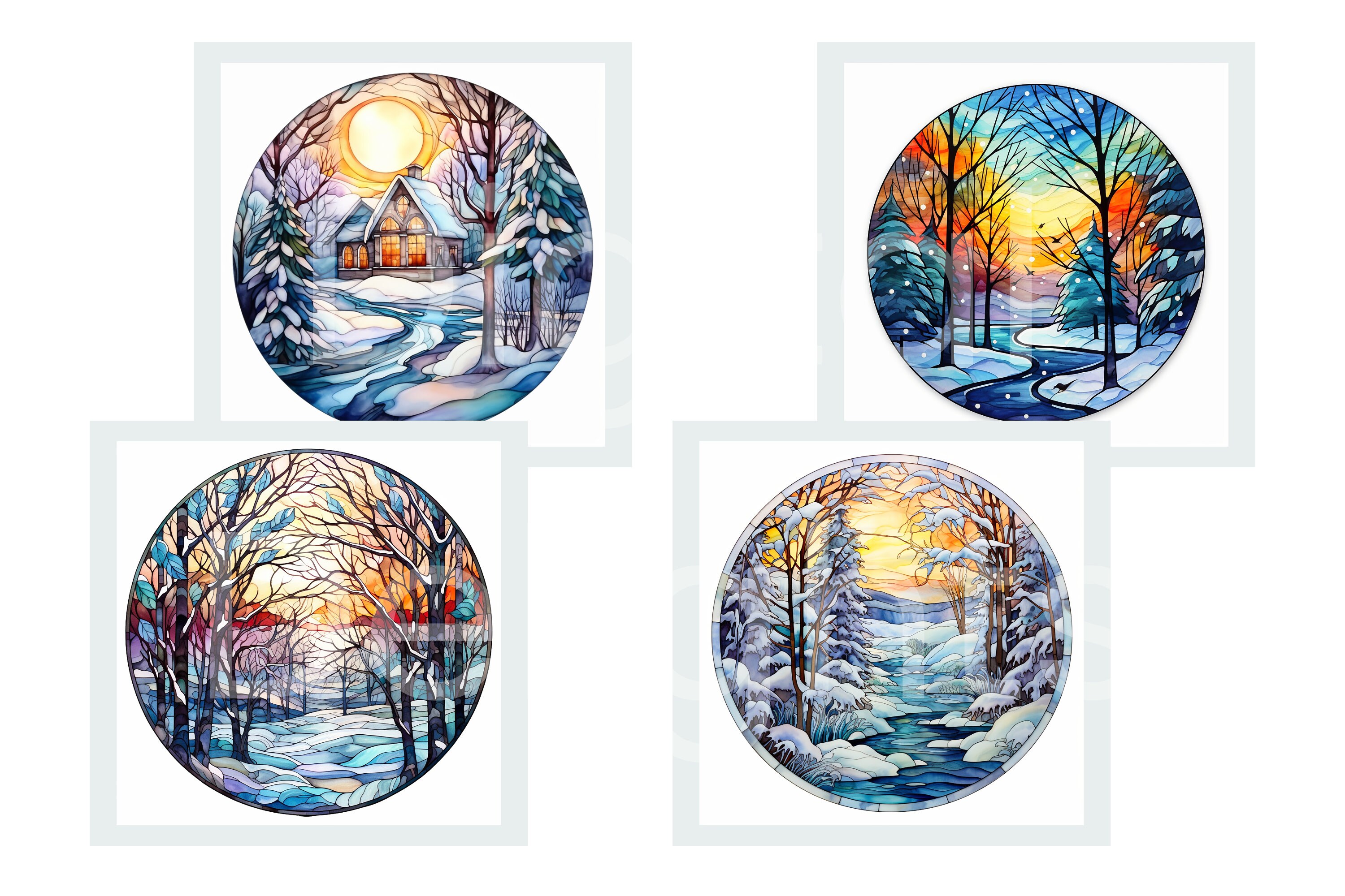 Winter Scene Stained Glass Clipart Watercolor Digital 12 PNG - Etsy