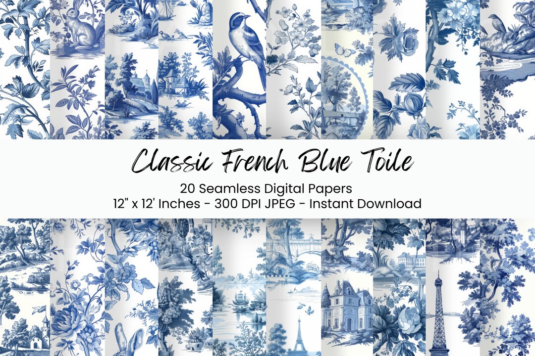 Classic French Blue Toile De Jouy Seamless Digital Paper Printable ...