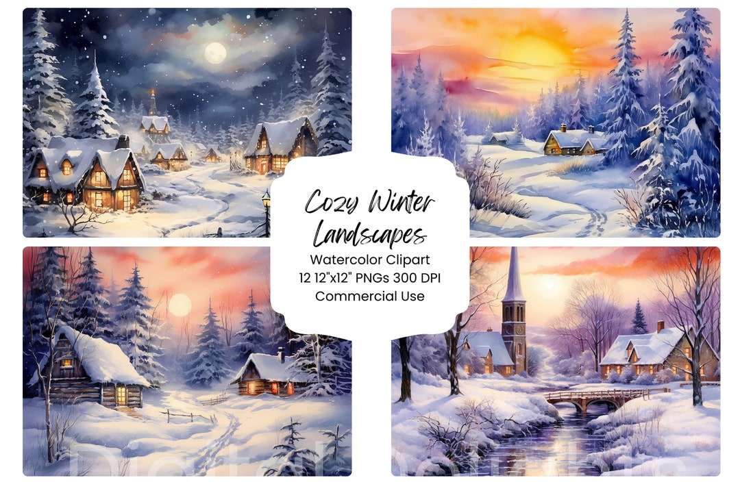 Cozy Winter Scene Clipart Watercolor Digital Paper Bundle 12 PNG ...