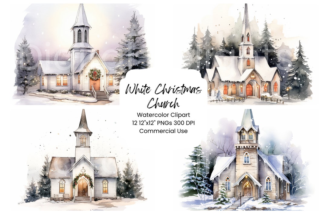 Watercolor Christmas Church Clipart: Winter Holiday PNG Bundle (digital ...