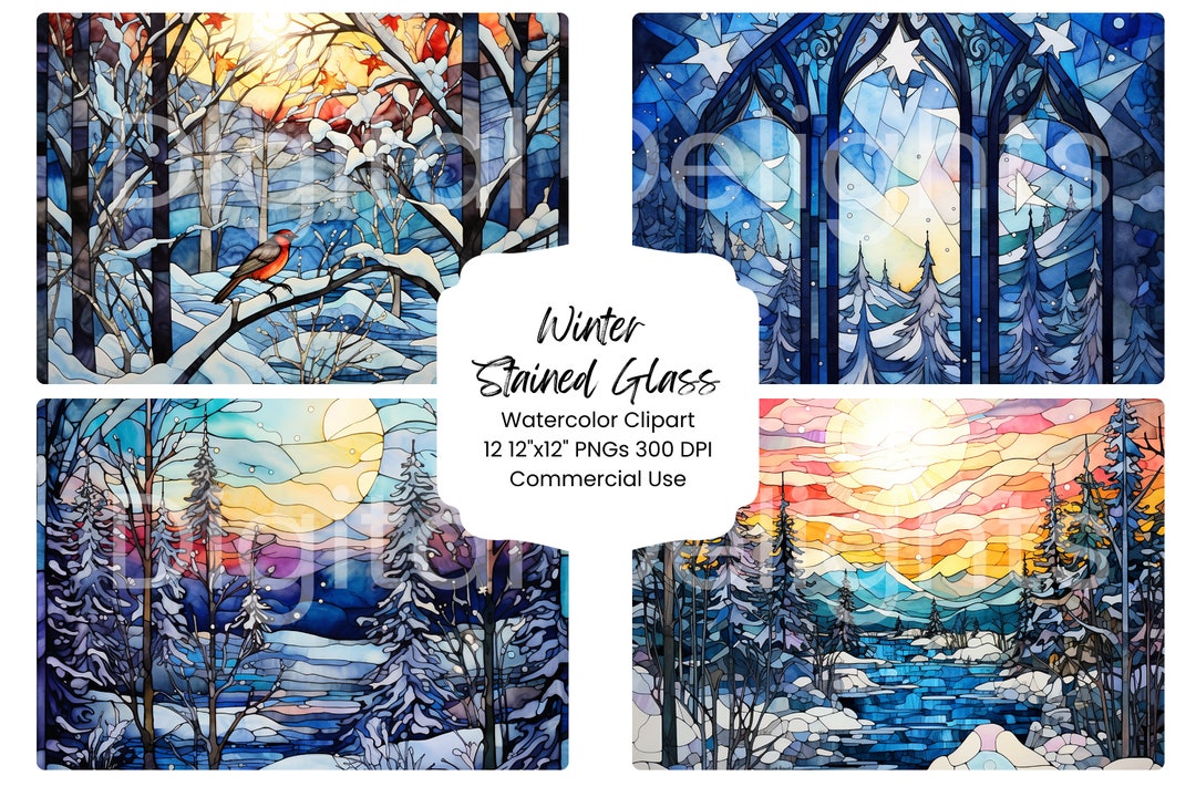 Winter Stained Glass Clipart: Watercolor PNG Bundle (digital Download ...
