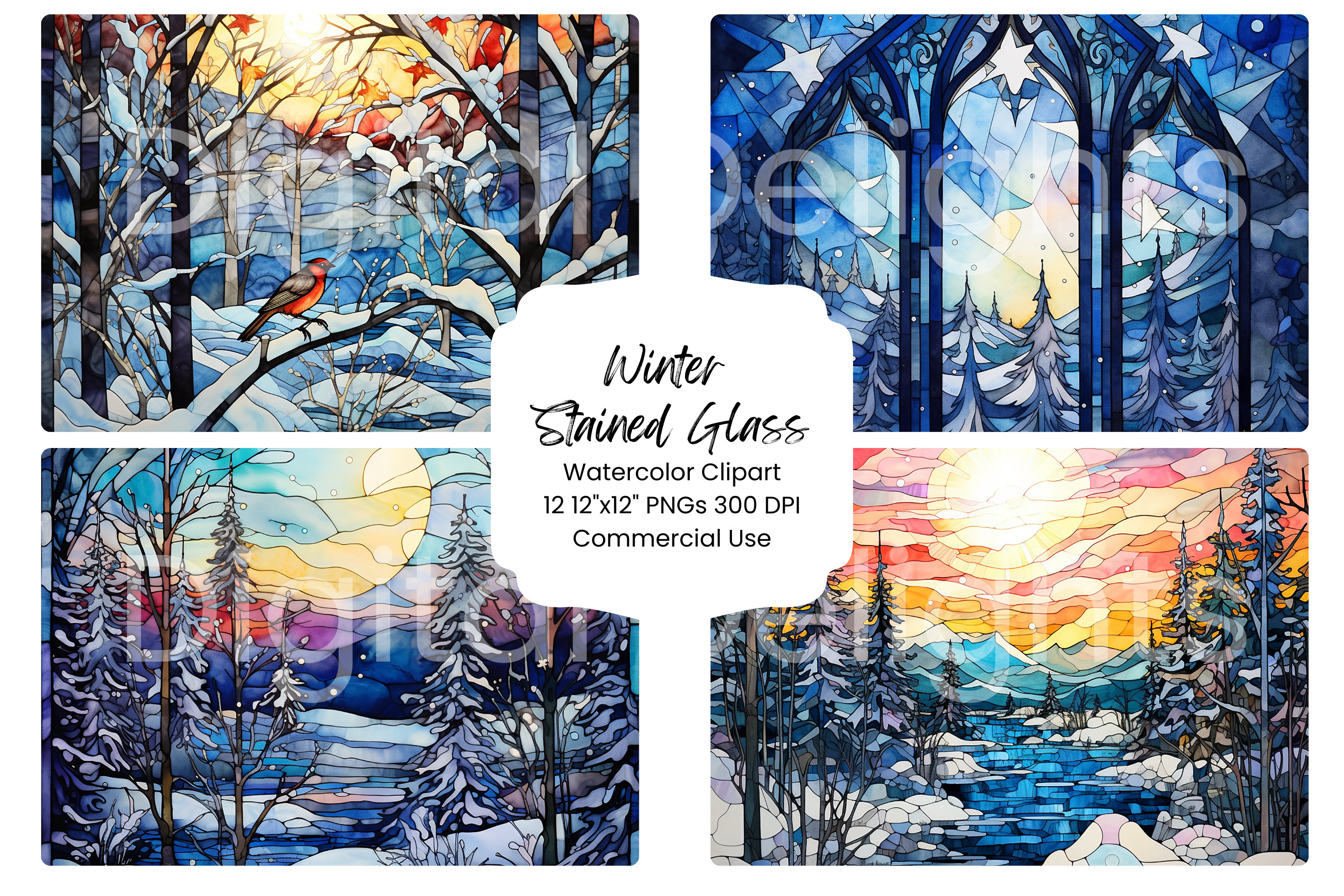 Winter Stained Glass Clipart Watercolor Digital Paper Bundle - Etsy