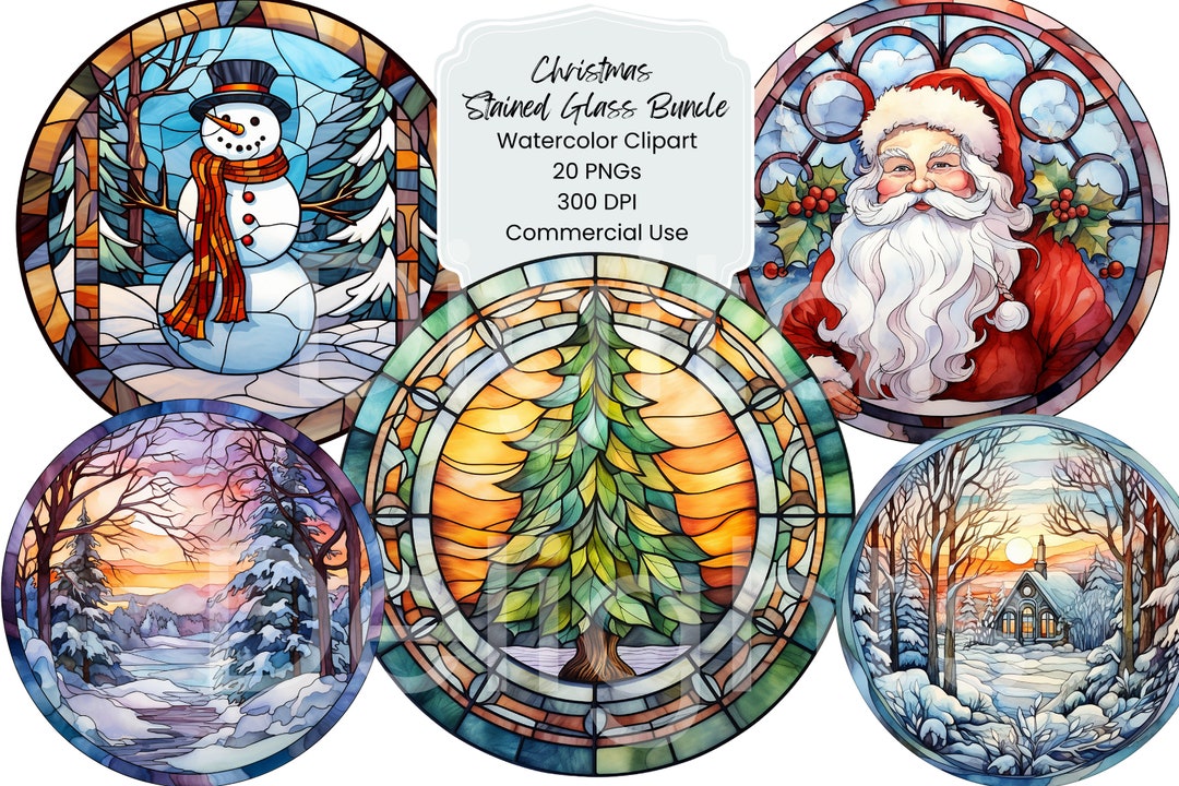 Christmas Stained Glass Bundle Watercolor Digital 12 PNG Holiday ...