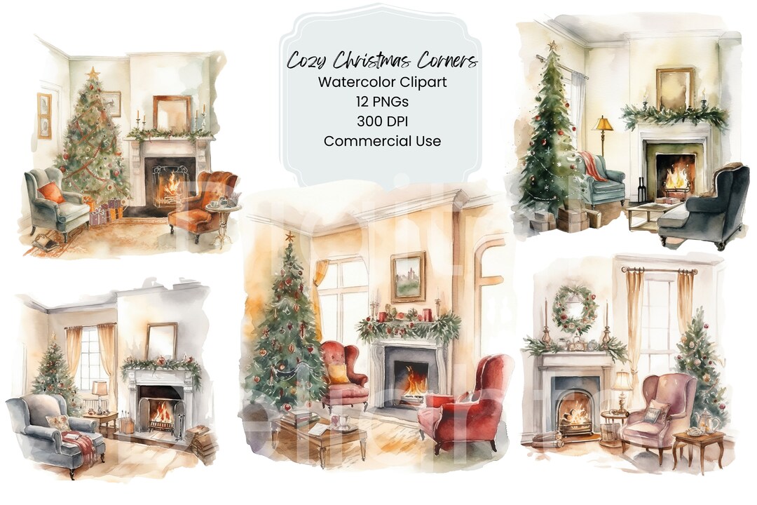 Cozy Christmas Corner Clipart Watercolor Digital Paper Bundle 12 PNG ...