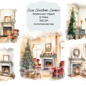 Cozy Christmas Corner Clipart Watercolor Digital Paper Bundle 12 PNG ...