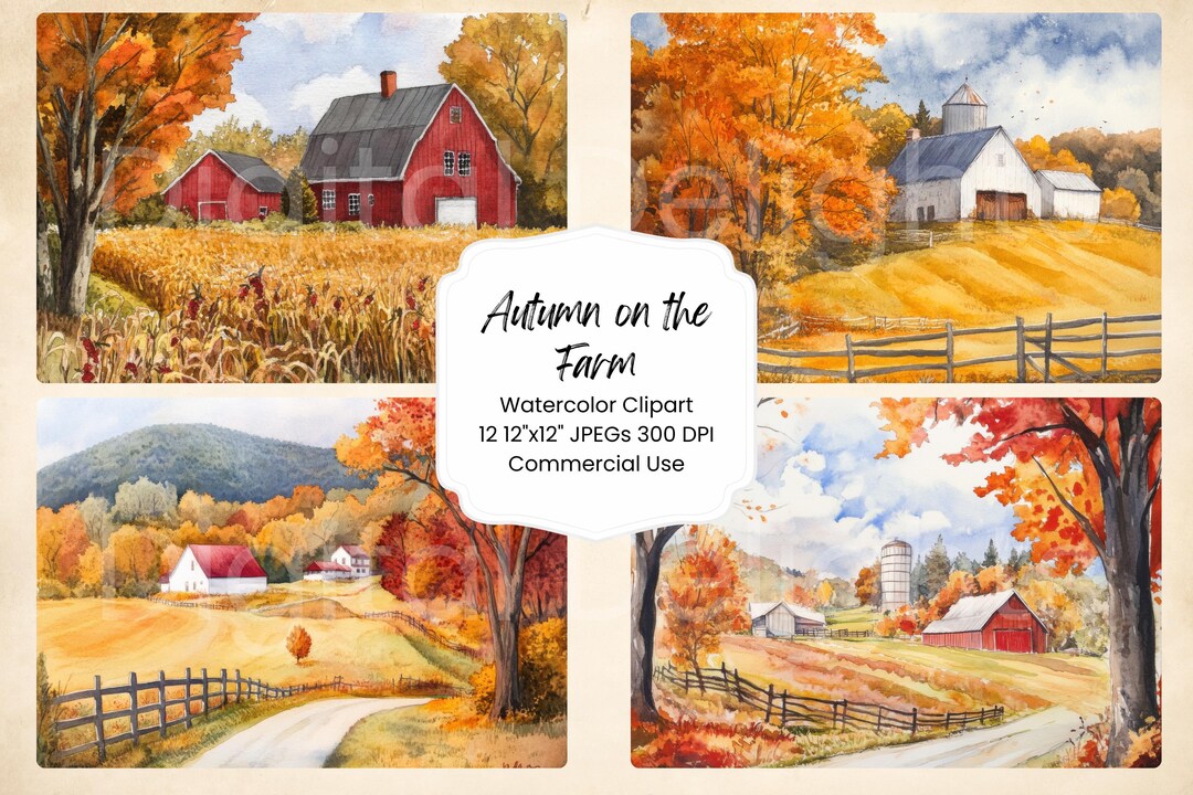Autumn Farm Clipart Watercolor Digital Paper Bundle 12 JPEG Fall Red Barn Journal Pages Craft ...