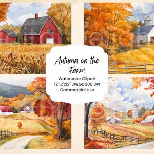 Autumn Farm Clipart Watercolor Digital Paper Bundle 12 JPEG Fall Red Barn Journal Pages Craft ...