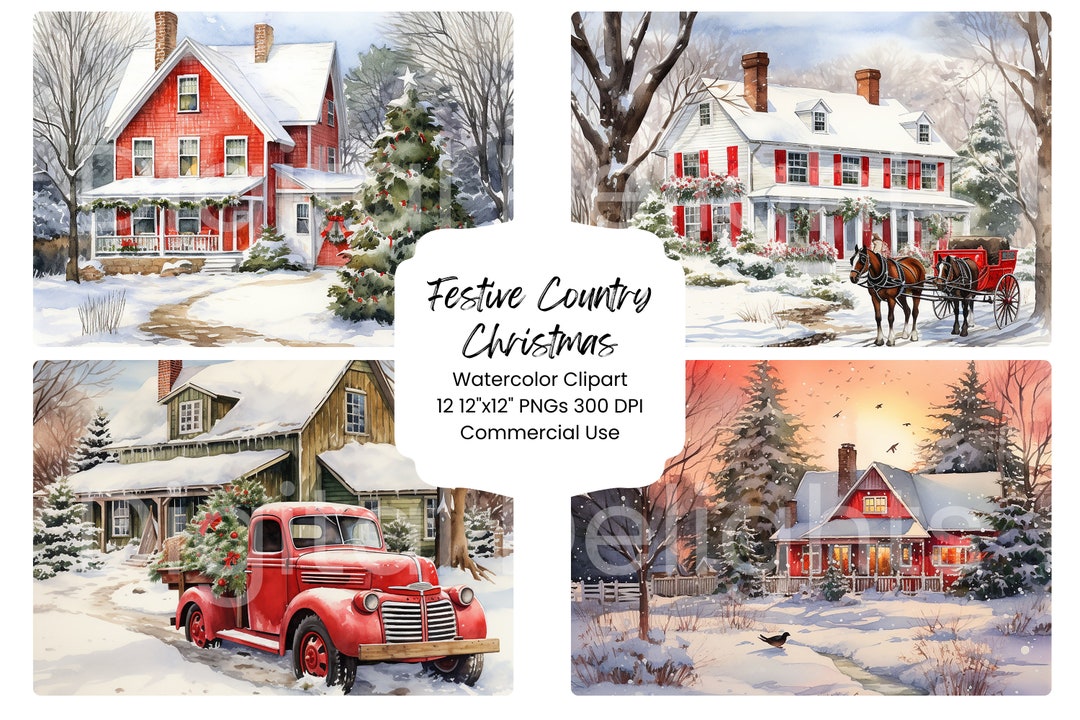 Festive Country Christmas Clipart Watercolor Digital Paper Bundle PNG ...