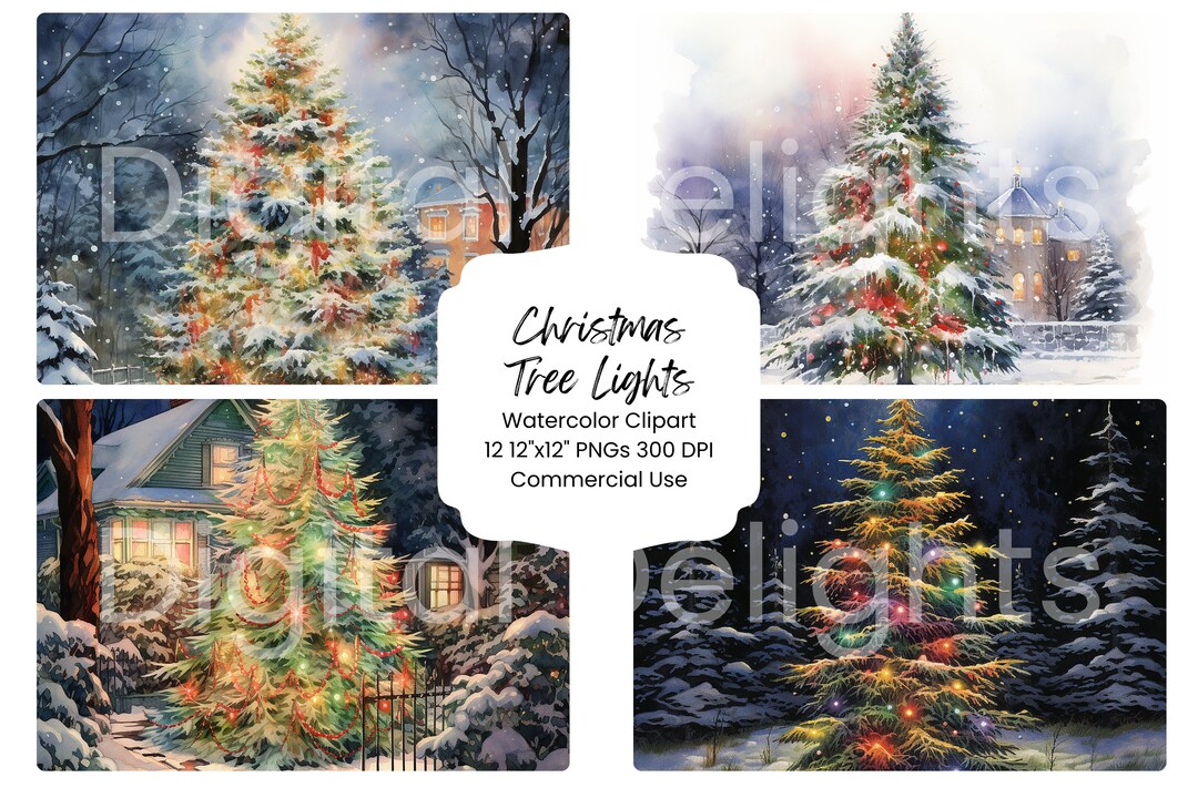 Christmas Tree Lights Clipart: Watercolor Holiday PNG Bundle (digital ...