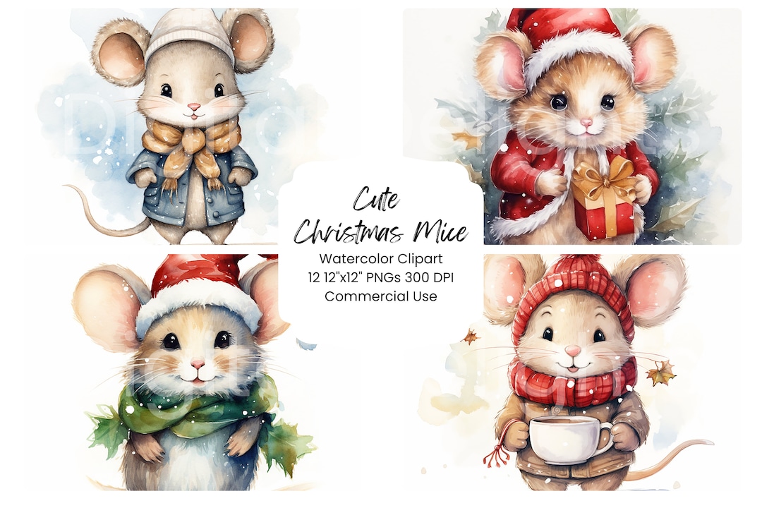 Cute Christmas Mice Clipart Watercolor Digital Paper Bundle 12 PNG ...