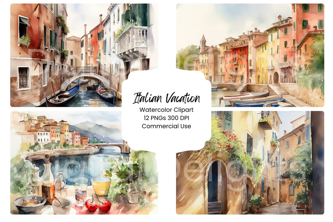 Italian Vacation Watercolor Clipart: Europe Scenery (12 PNG JPG Files ...