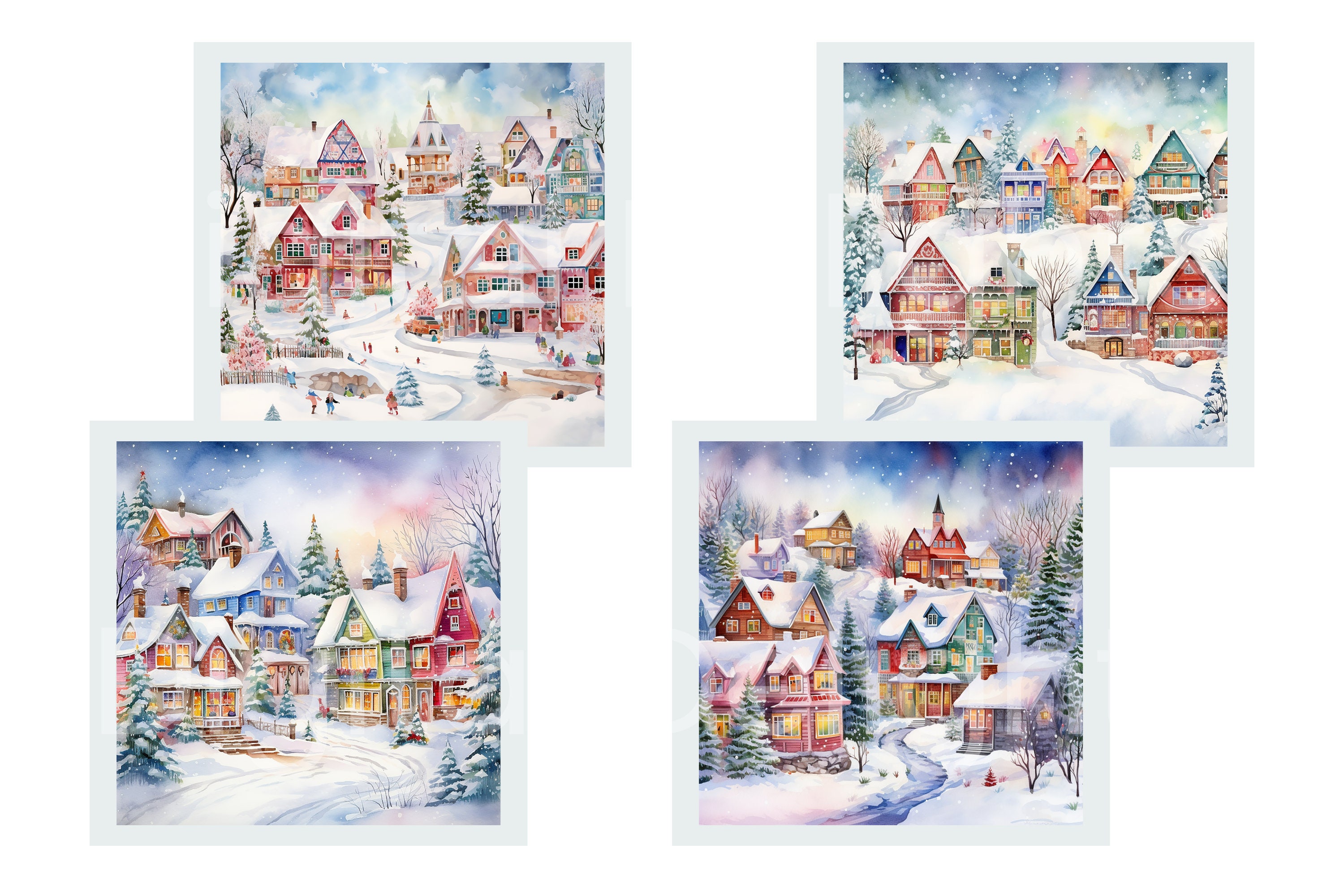 Colorful Snowy Winter Village Watercolor Digital Paper Bundle - Etsy