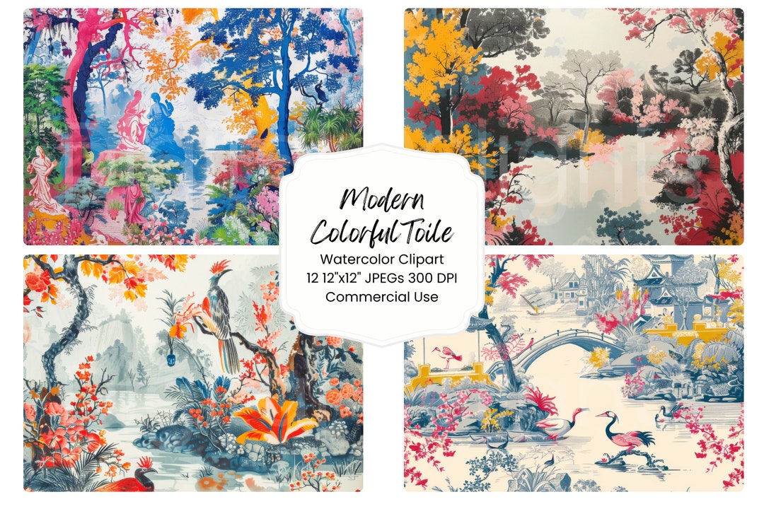 Modern Colorful Toile Watercolor Digital Paper Bundle 12 JPEG Asian ...