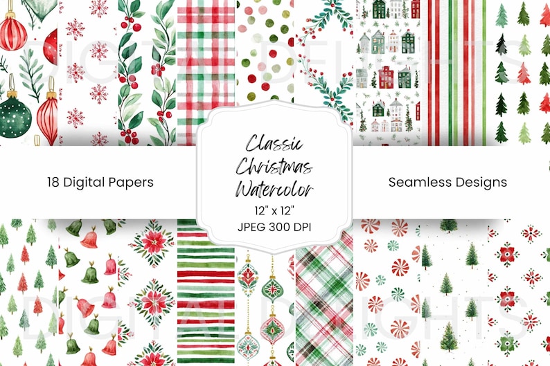 Watercolor Christmas Digital Paper: Festive Seamless Patterns (digital ...