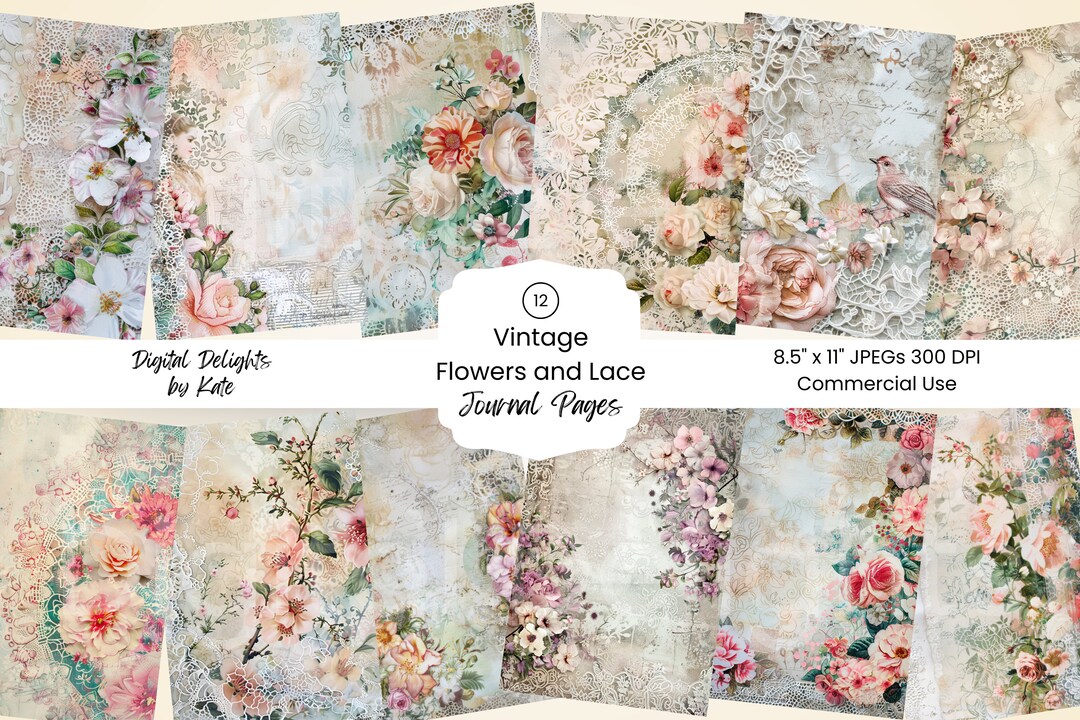 Floral Lace Junk Journal Kit Printable Pages Vintage Inspired Scrapbook ...