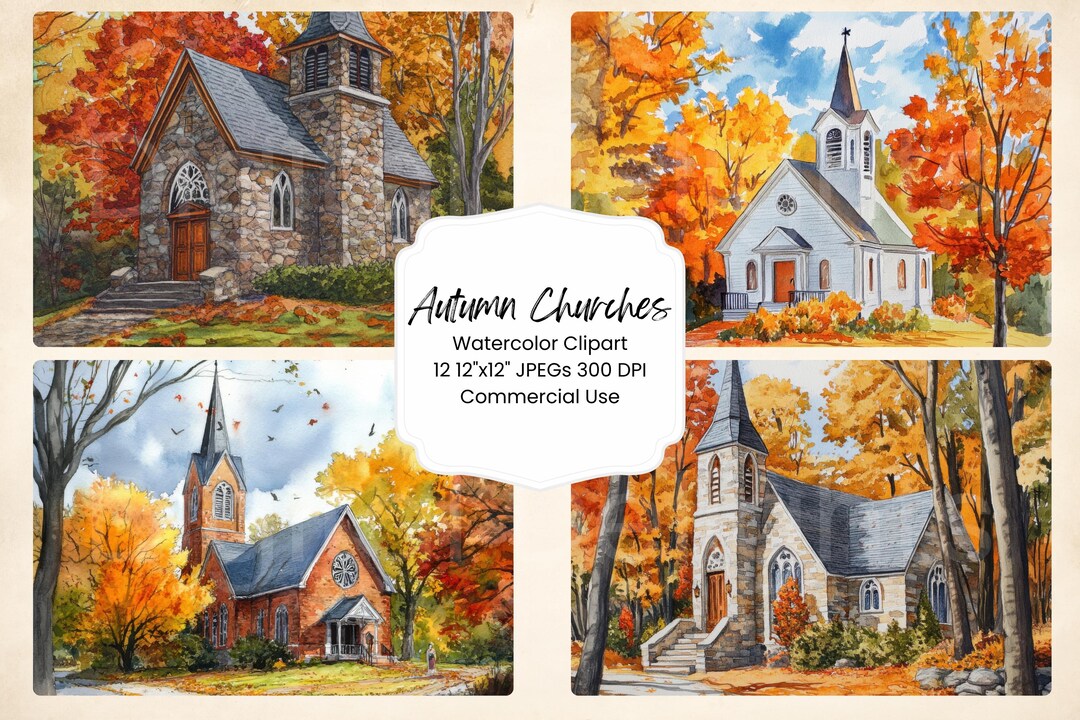 Autumn Church Watercolor Clipart: Fall Country Scenes (digital Paper ...