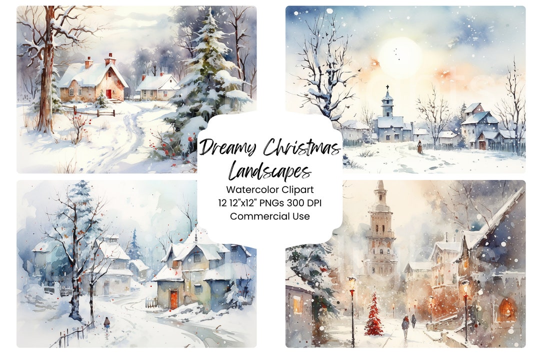 Dreamy Winter Clipart Watercolor Digital Paper Bundle 12 PNG Holiday ...