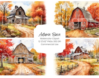 Autumn Farm Clipart Watercolor Digital Paper Bundle 12 JPEG Fall Red ...