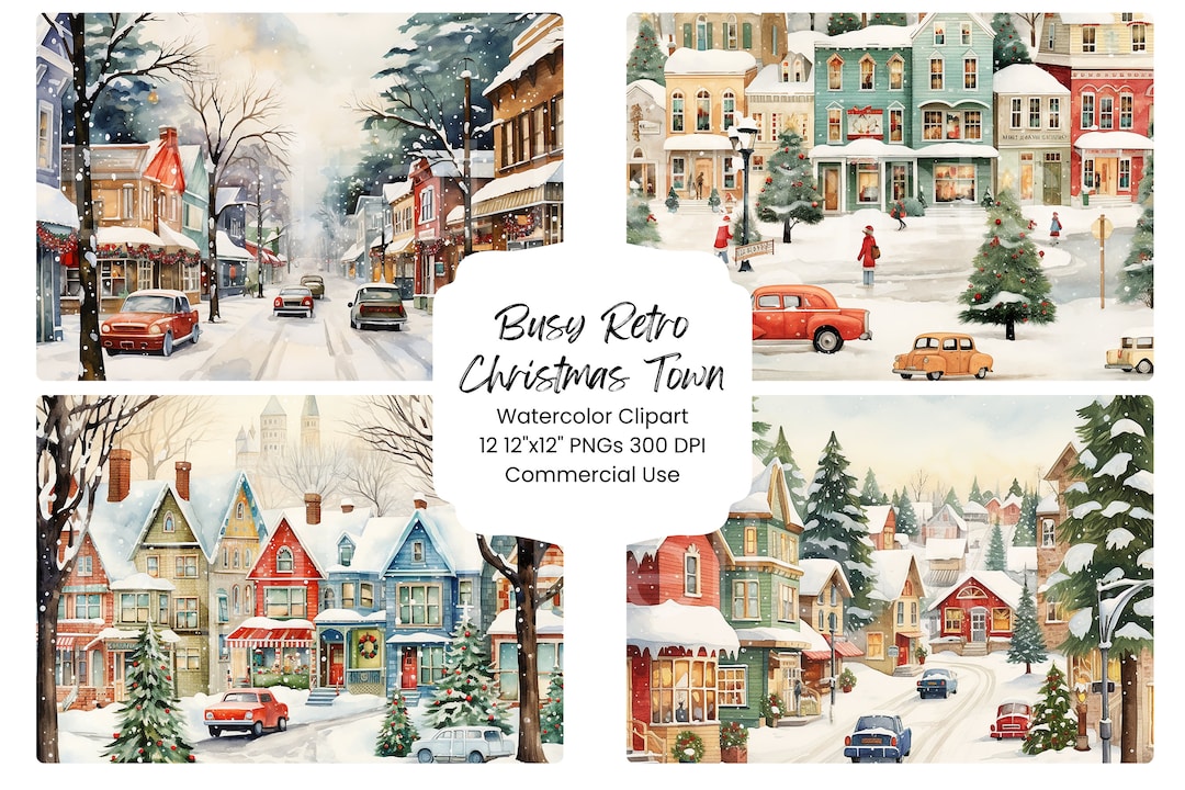 Busy Retro Christmas Town Watercolor Digital Paper Bundle 12 PNG ...