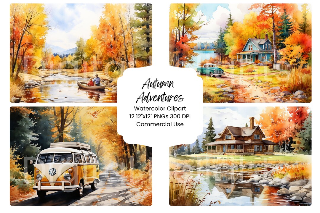 Autumn Vacation Clipart Watercolor Digital Paper Bundle 12 PNG Fall ...