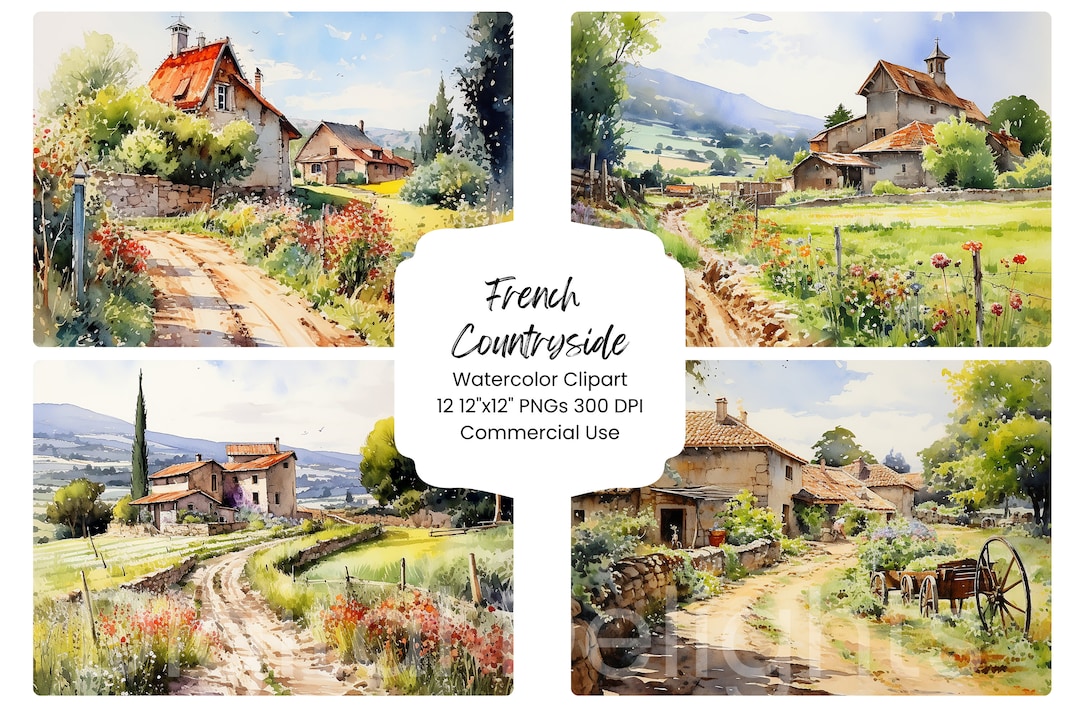 French Countryside Watercolor Clipart: Vacation Scenery (digital ...